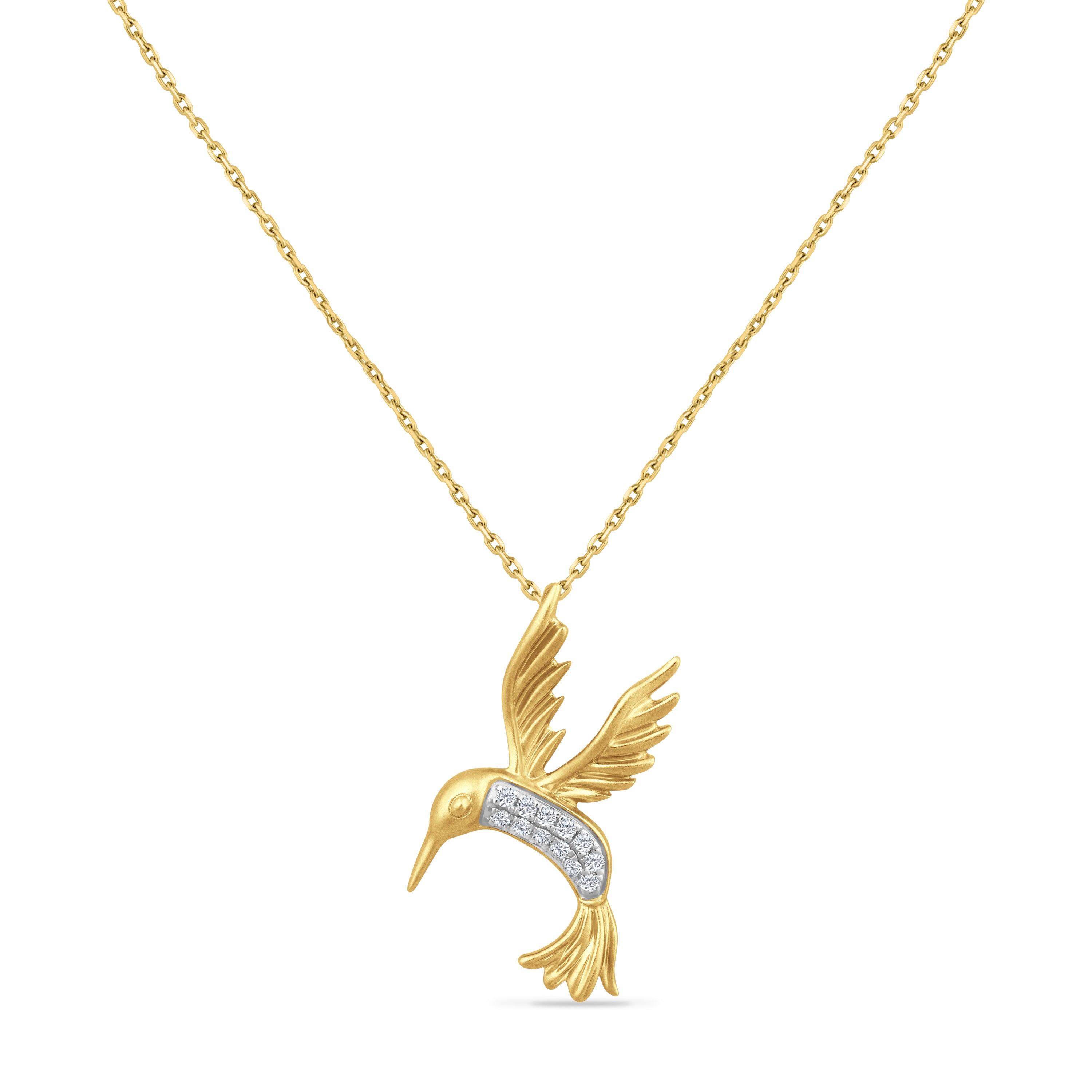14K HUMMINGBIRD PENDANT WITH 12 DIAMONDS 0.12CT ON 18 INCHES CABLE CHA ...
